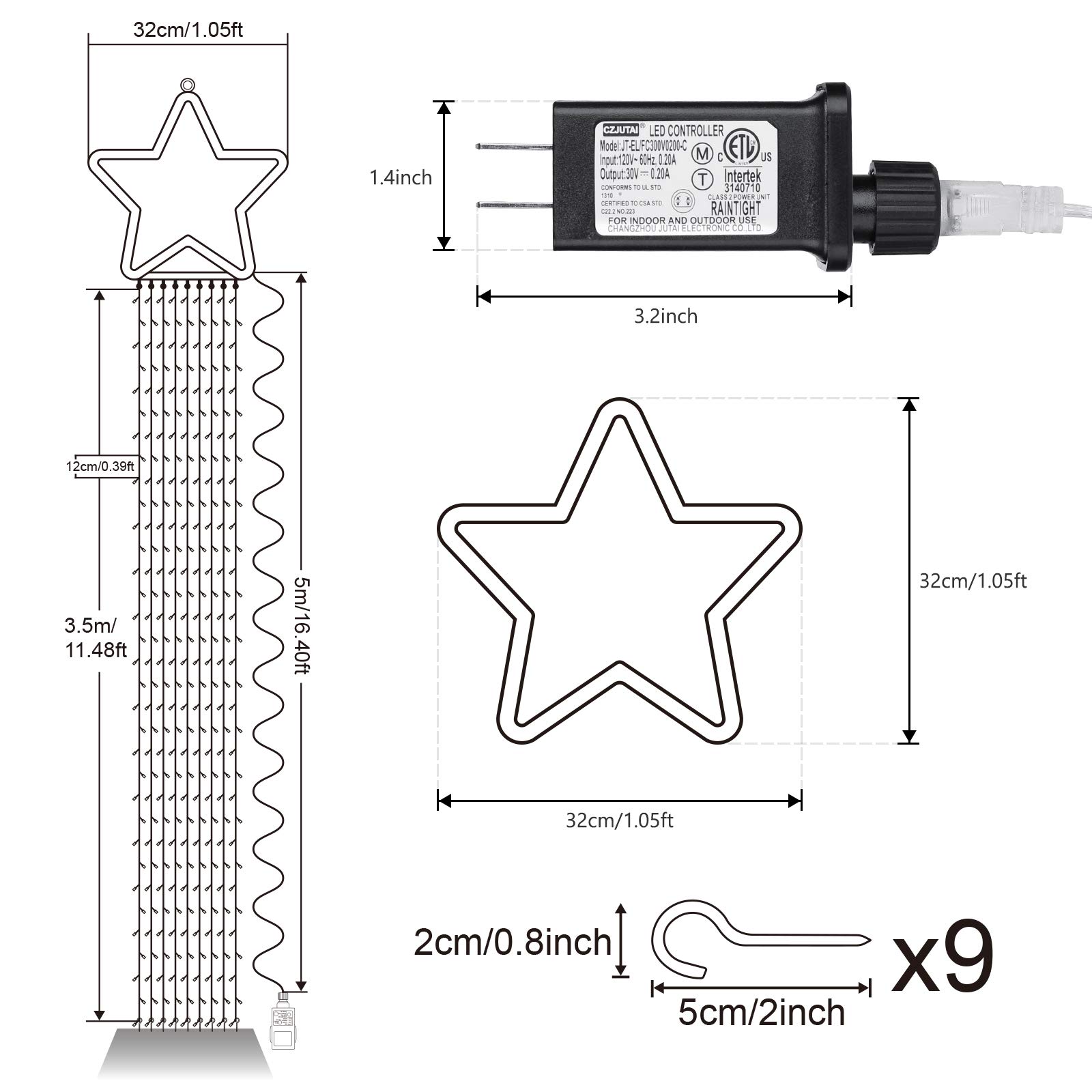 Toodour Christmas Lights, 317 LED 10ft X 9 Outdoor Christmas Decorations Lights with 12" Topper Star, 8 Lighting Modes Outside Christmas Tree Lights (White)