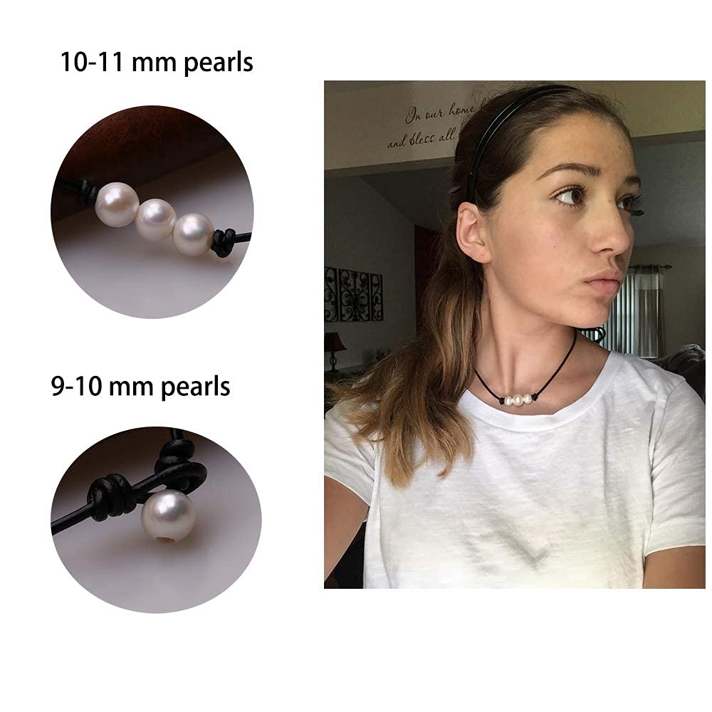 Women White 3 Cultured Freshwater Pearls Choker Necklace on Genuine Leather Cord Knotted Jewelry-Black 14"