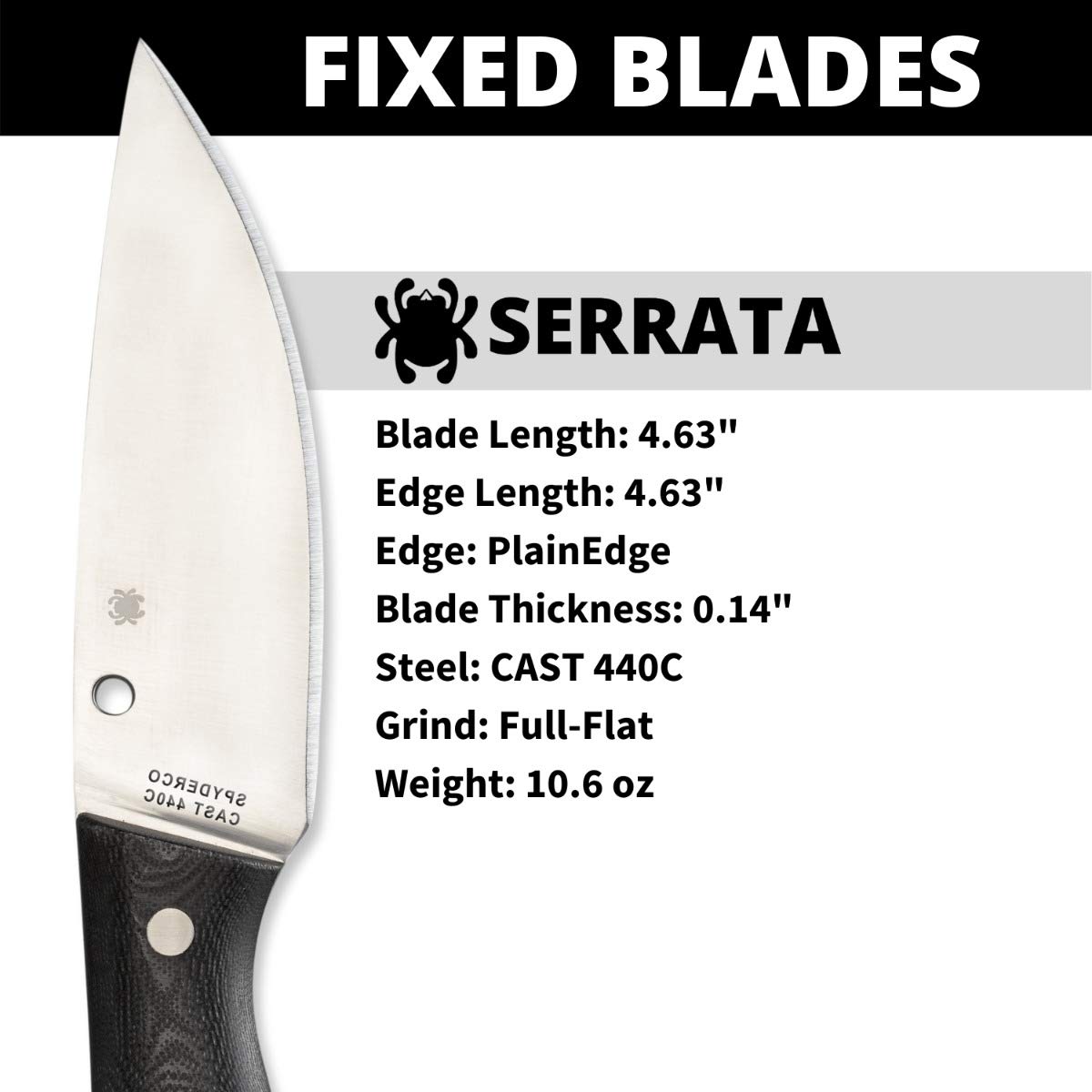 Spyderco Serrata Fixed Blade Knife with 4.63" Cast 440C Stainless Steel Blade and Premium Custom-Molded Boltaron Sheath - PlainEdge - FB32GP