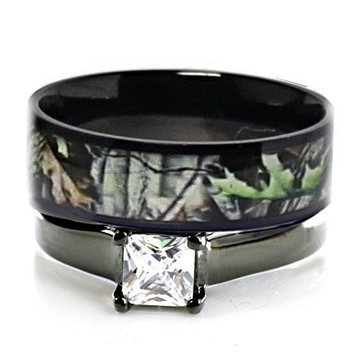 Women`s Black Titanium Camo and Stainless Steel Princess Engagement Wedding Rings Set (Size Women 7)