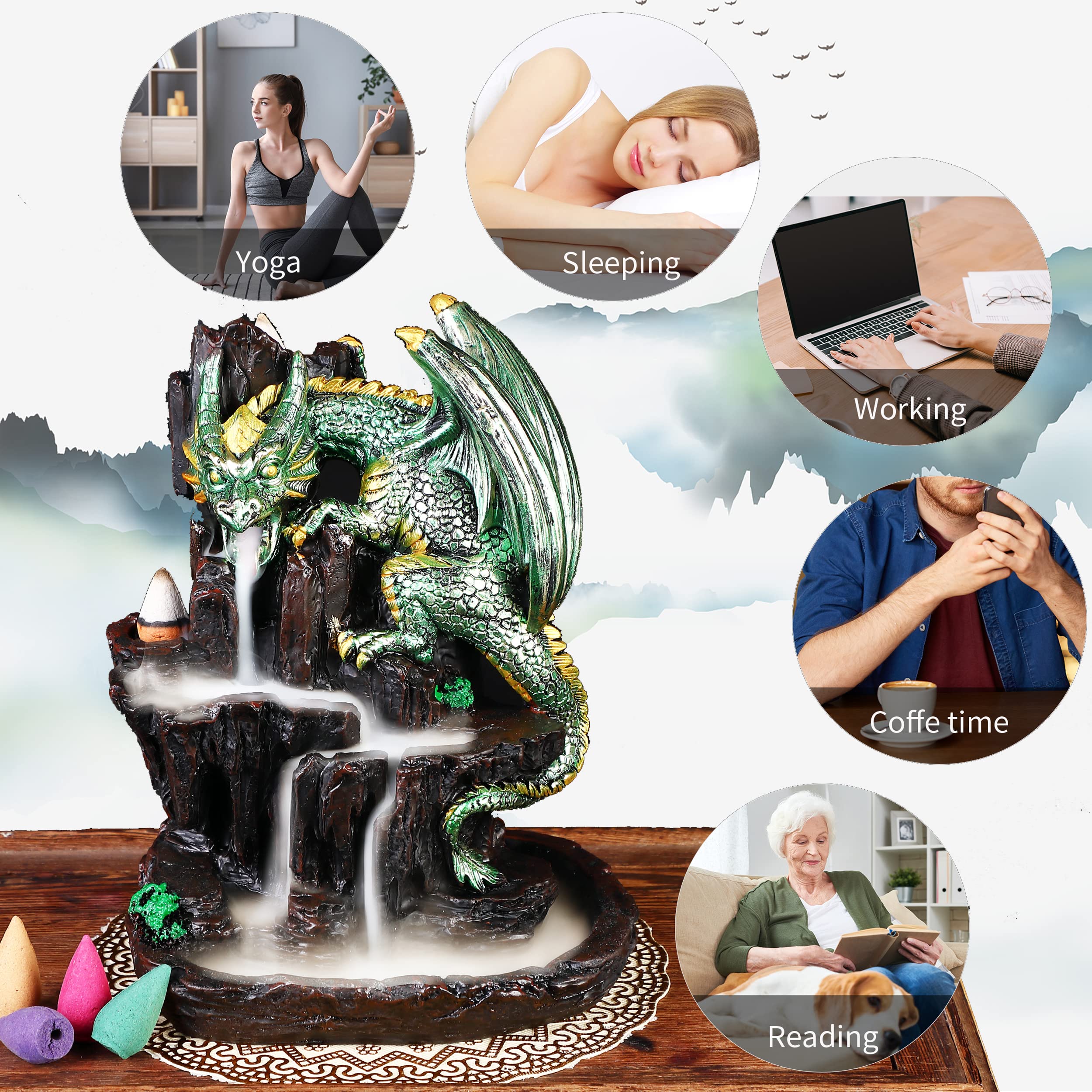 Zvaiuk Dragon Backflow 2 Sided Mountain Waterfall Incense Burner,Fountain Smoke Incense Holder with 100 Backflow Incense Cones, Tweezers, Mat,Resin Aromatherapy Meditation Decor