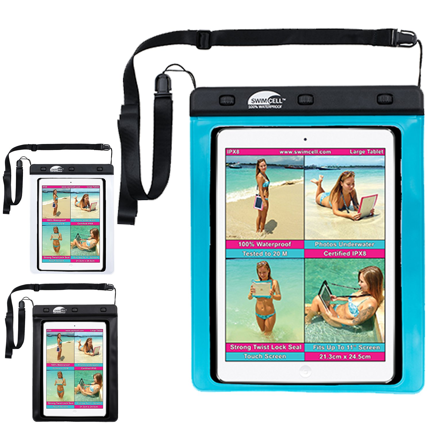 SwimCell Waterproof iPad Case for Large iPad. Kindle, Camera and Other Dry Valuables. 8.5" x 9.5". Up to 11" Screen. Tested to 20m. Easy to Use. 2 Tablet and Phone