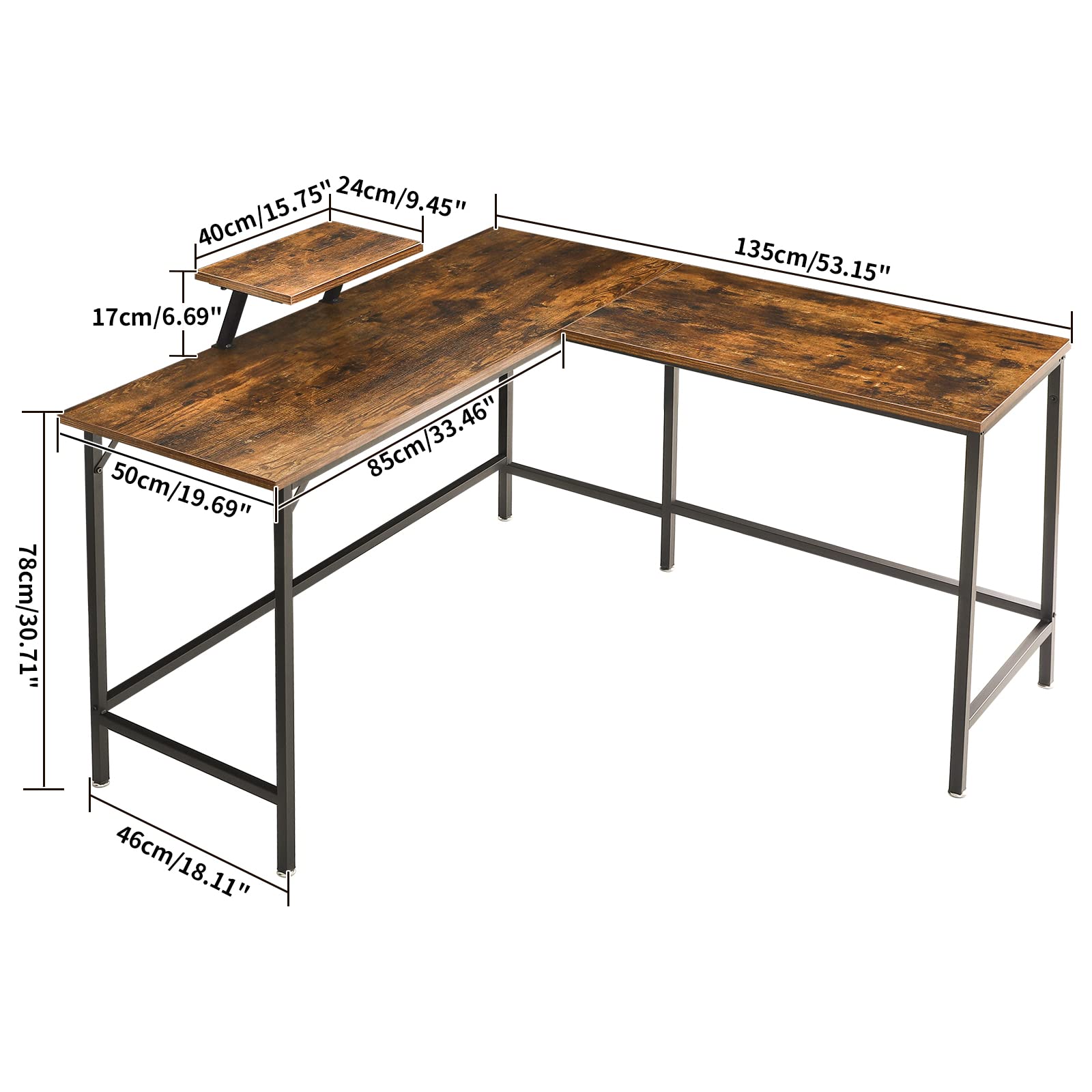 YMYNY L Shaped Computer Desk, Industrial Corner Table for Home Office, PC Laptop Workstation, Study Writing Gaming Table with Monitor Stand, Easy to Assemble, Rustic Brown