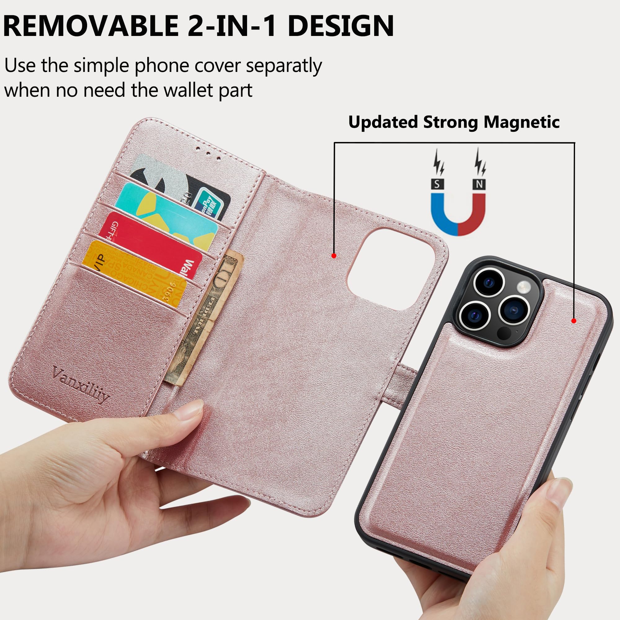 Vanxiliiy iPhone 13 Pro Max Wallet Case【RFID Blocking】 Card Holder PU Leather【Strong Magnetic】 Detachable Phone Cover for iPhone 13 Pro Max, Rose Gold