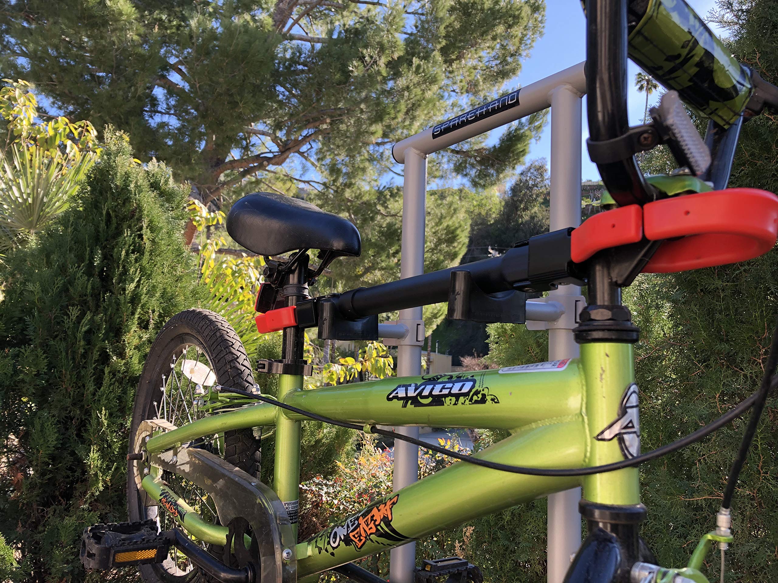 SPAREHAND Universal Adjustable Bike Frame Adapter for Rack Storage, Women's Bikes. Red Ends