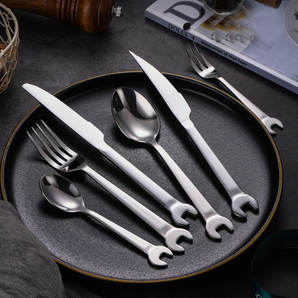 Silverware Set 6 Pcs, Stainless Steel Wrench Handle Flatware Set Forks and Spoons Set Durable Food-Grade Serving Cutlery set Tableware Eating Utensils(Silver)