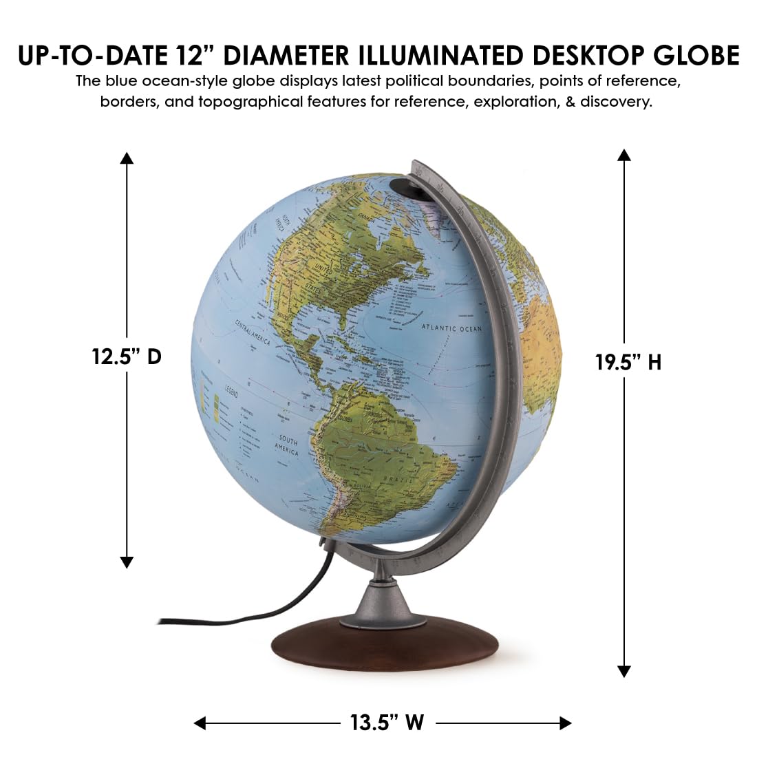 Waypoint Geographic Tactile Relief Globe, 12" Illuminated Blue Ocean-Style World Globe with Raised Relief, Up-to-Date Reference Globe, Decorative Globe for Home and Office Decor