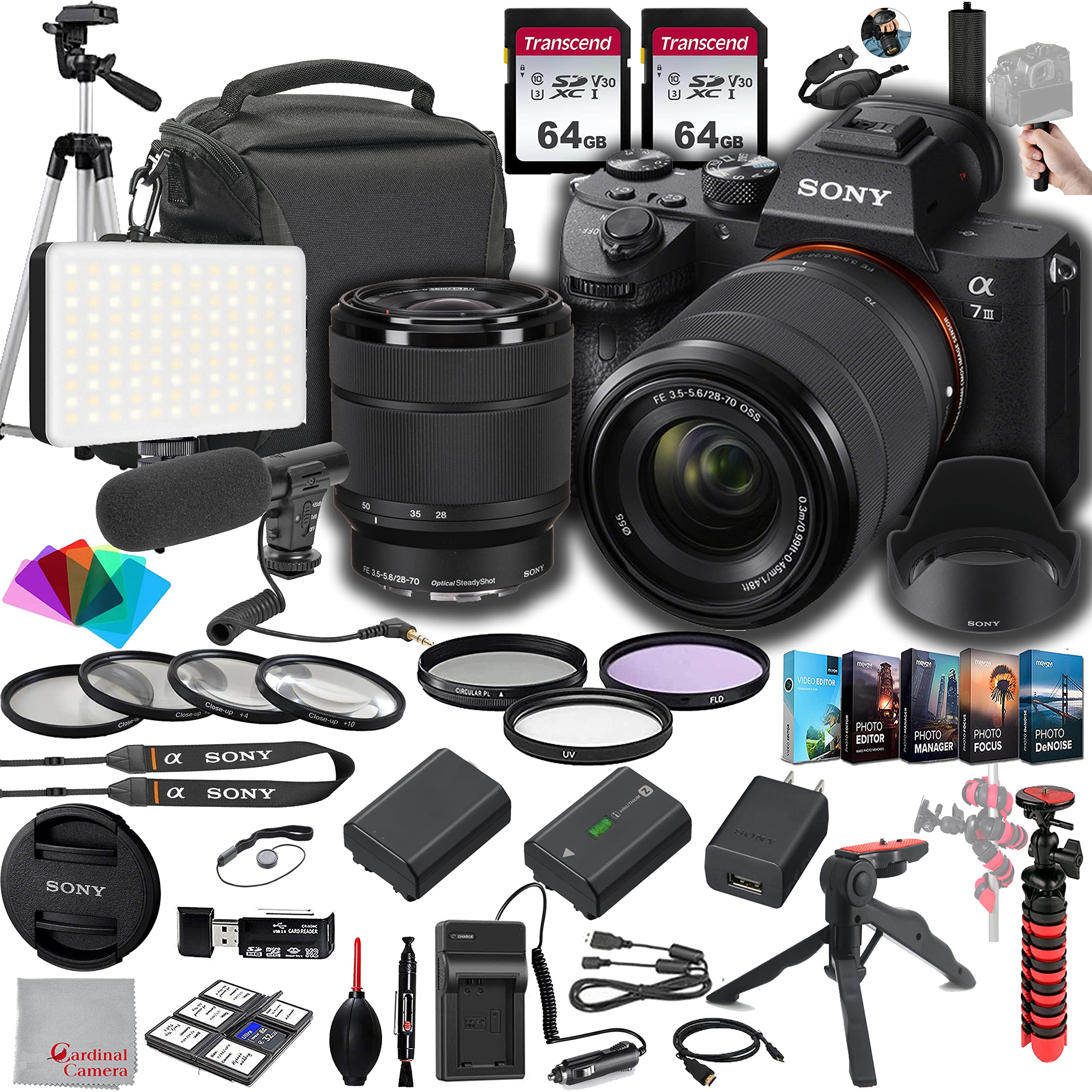 Sony a7 III Mirrorless Digital Camera 24MP w/ 28-70mmmm Lens ILCE-7M4K/B, 128GB Memory,Microphone, 120LED Video Light, Tripod, Filters, Hood, Grip,Spare Battery & Charger Software Kit -Deluxe Bundle
