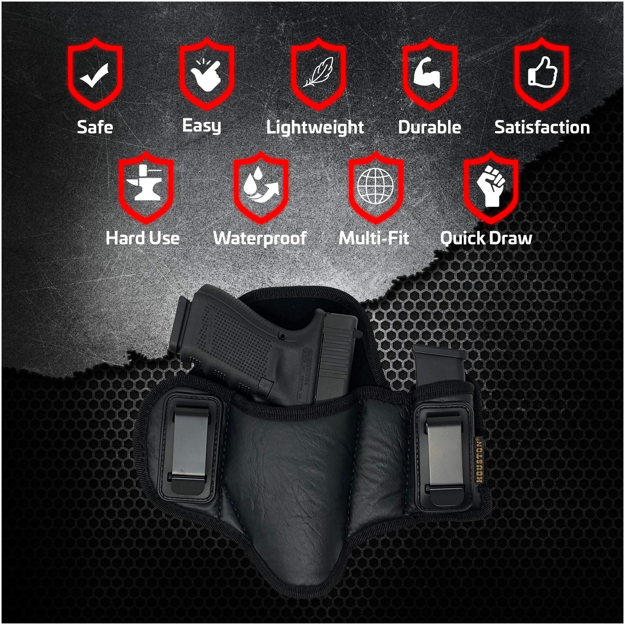 Tactical Pancake Gun Holster Houston - ECO Leather Concealed Carry Soft Material | Suede Interior for Protection | IWB | with Magazine Pouch | Fit: Glock 19 17 20 21 22 23 | Beretta 92 FS, PX4, XDM