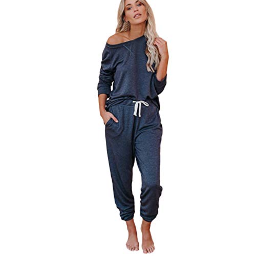 YOCheerful 2Pcs Cotton Blend Women Tracksuit Solid Long Sleeve Tops+Pants Sets with Pockets Leisure Wear Home Wear Suit Navy