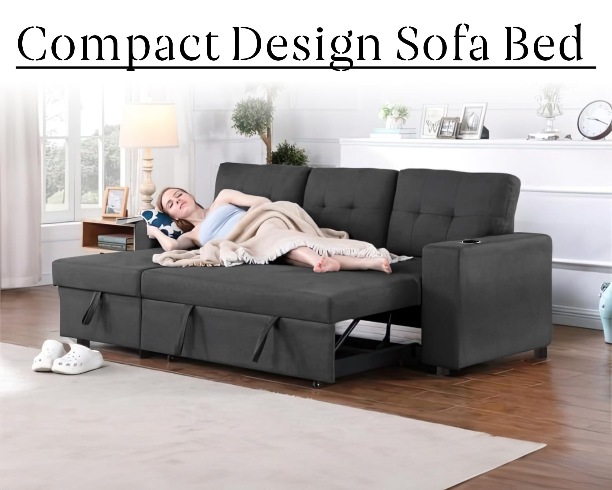 yoyomax L Shaped Sofa-82'' Sectional Sofa with 2 in 1 Pull Out Couch Bed Storage Chaise & Cup Holders for Living Room, Apartment and Office, Light Grey
