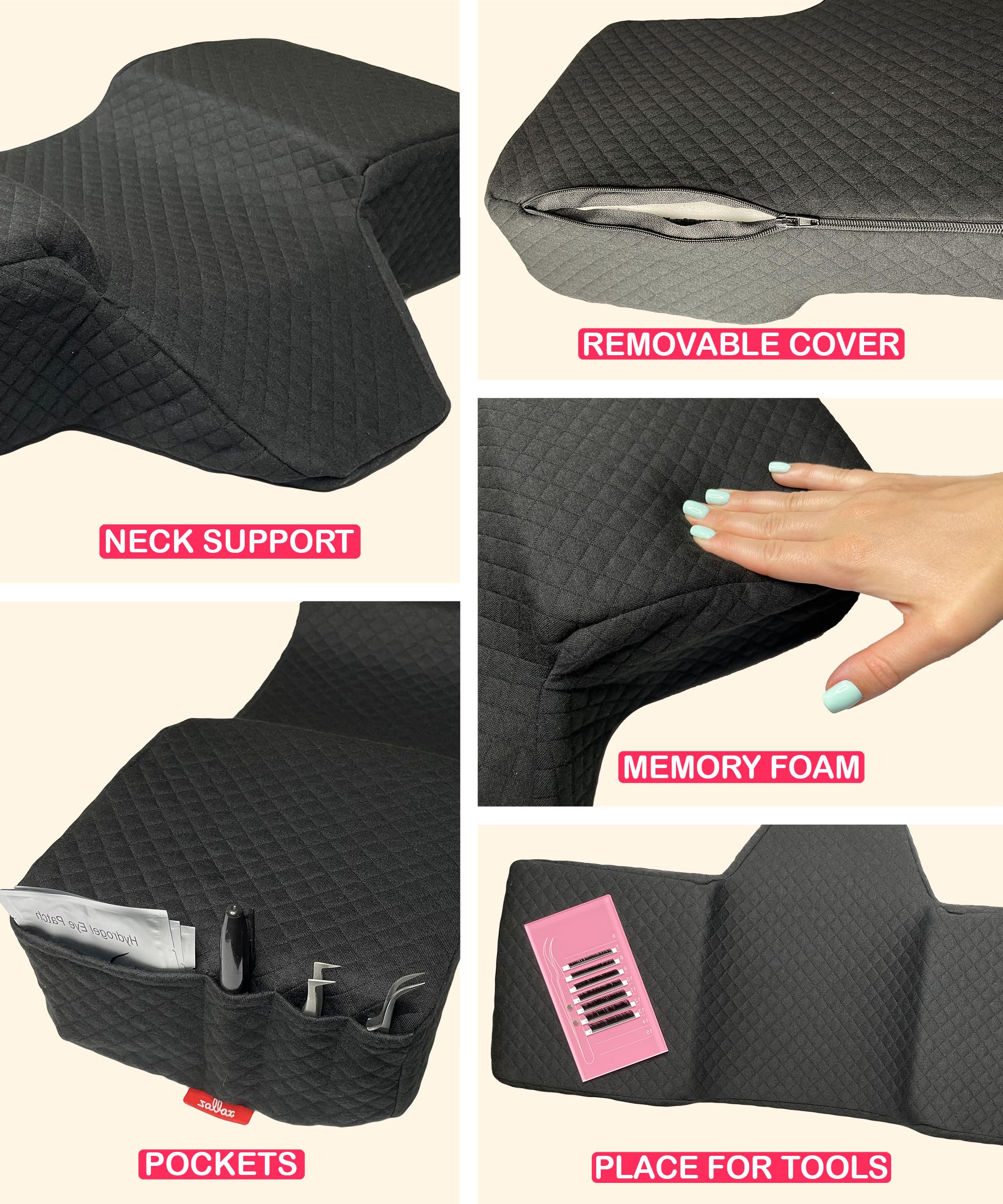 XOLLOZ Pillow For Eyelash Extensions - Curved Memory Foam Lash Bed Pillow With Neck And Back Support, Perfect Pillow For Eyelash Extensions, Two Pockets For Tools On The Sides Of Pillow (Black)