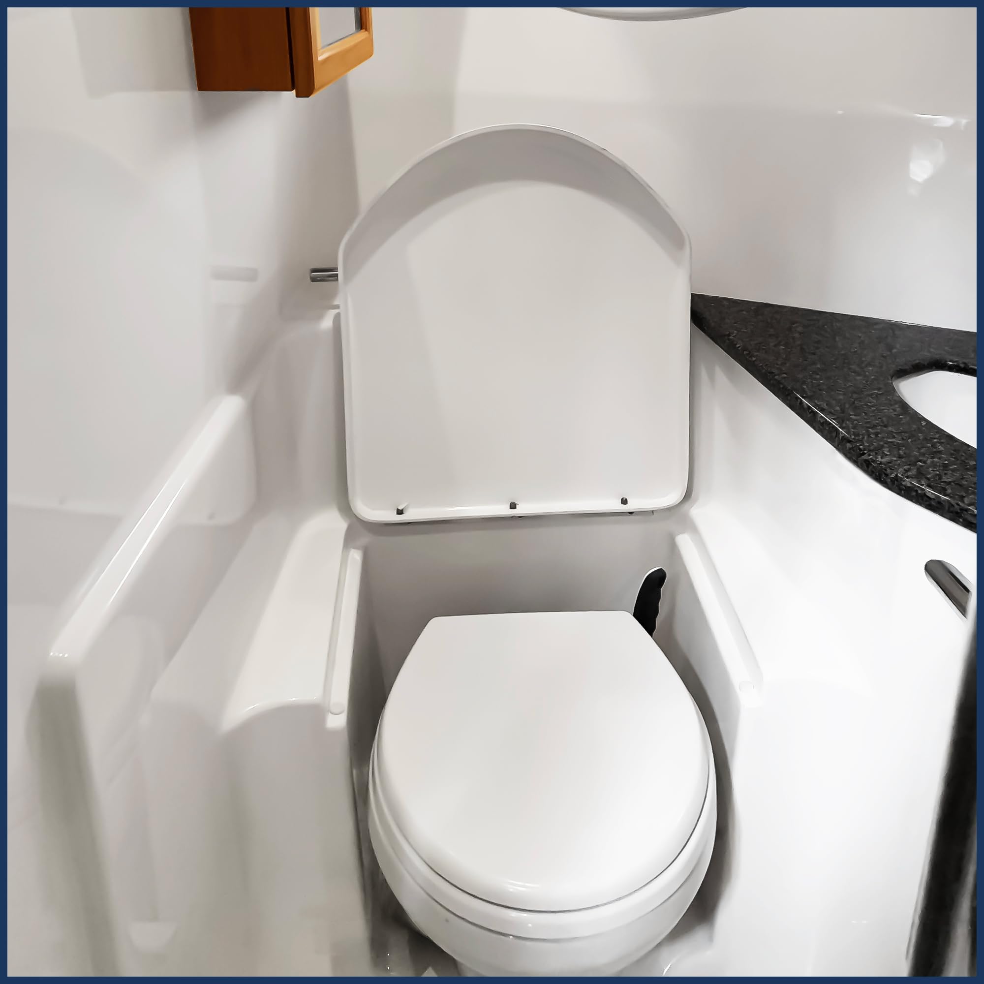 TMC Electric Marine Toilet, RV Toilet, Boat Toilet, Compact Design Bowl, Heavy-Duty Built-In Macerator Pump with Smart Flush Control Panel Switch, Features Quiet Soft-Close Lid, 12V DC - FO3869