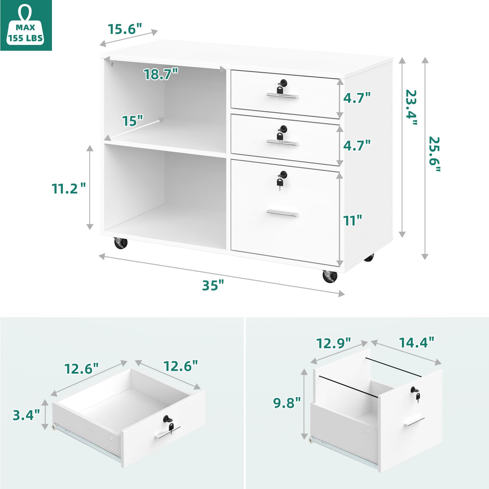 YITAHOME 3 Drawer Wood Lateral File Cabinet, Mobile Filing Cabinet for Letter/A4 Size, Storage Cabinet Printer Stand with 2 Open Shelves for Home Office Organization,White