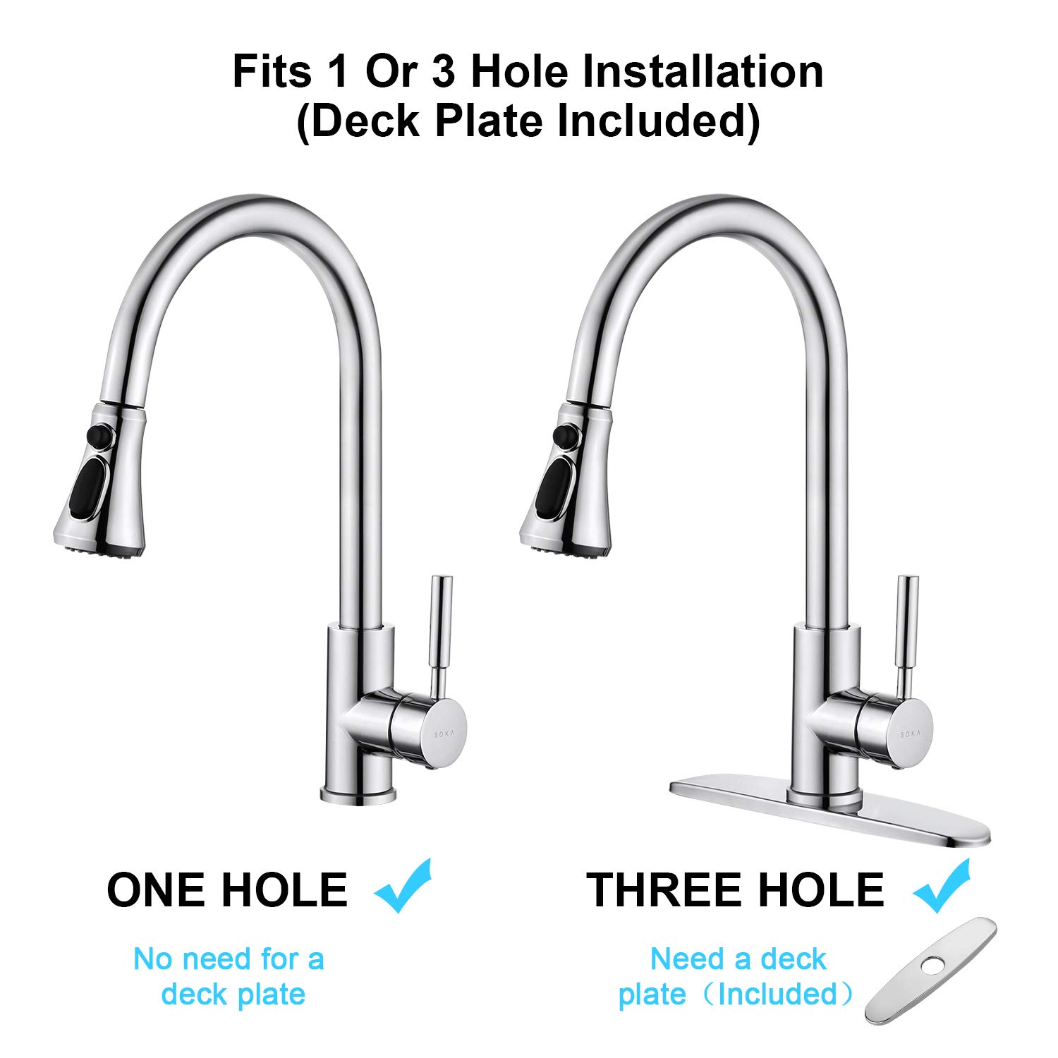 SOKA Single Handle Kitchen Faucet Stainless Steel High Arc Modern Style Aquablade Sweep, Stream & Spray Fit for One & 3 Hole