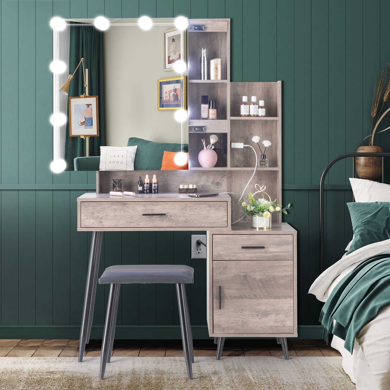 VINGLI Vanity Desk with Sliding Mirror & Lights & Charging Station & Drawers & Shelves & Door, Farmhouse Modern Makeup Vanity Set with Stool (Rustic Gray, 39'' x 16'' x 63'', Bench included)