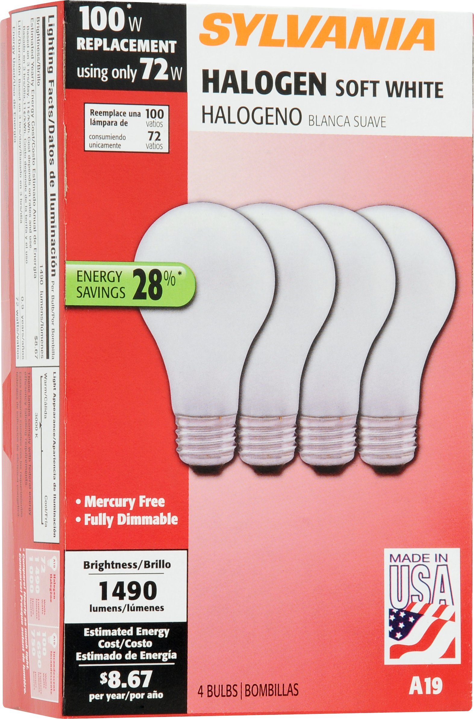 SYLVANIA Home Lighting 52258 Halogen Bulb, A19-72W-3000K, Soft White Finish, Medium Base, Pack of 4