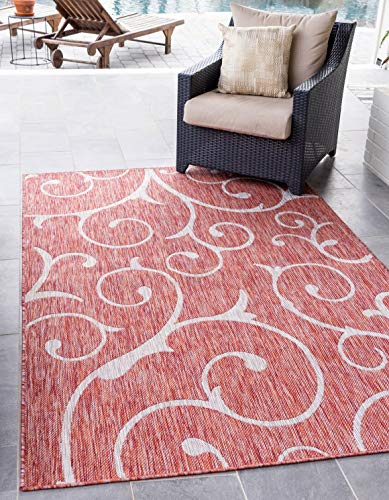 Unique Loom Outdoor Botanical Collection Area Rug - Curl (7' 1" x 10' Rectangle, Rust Red/ Ivory)