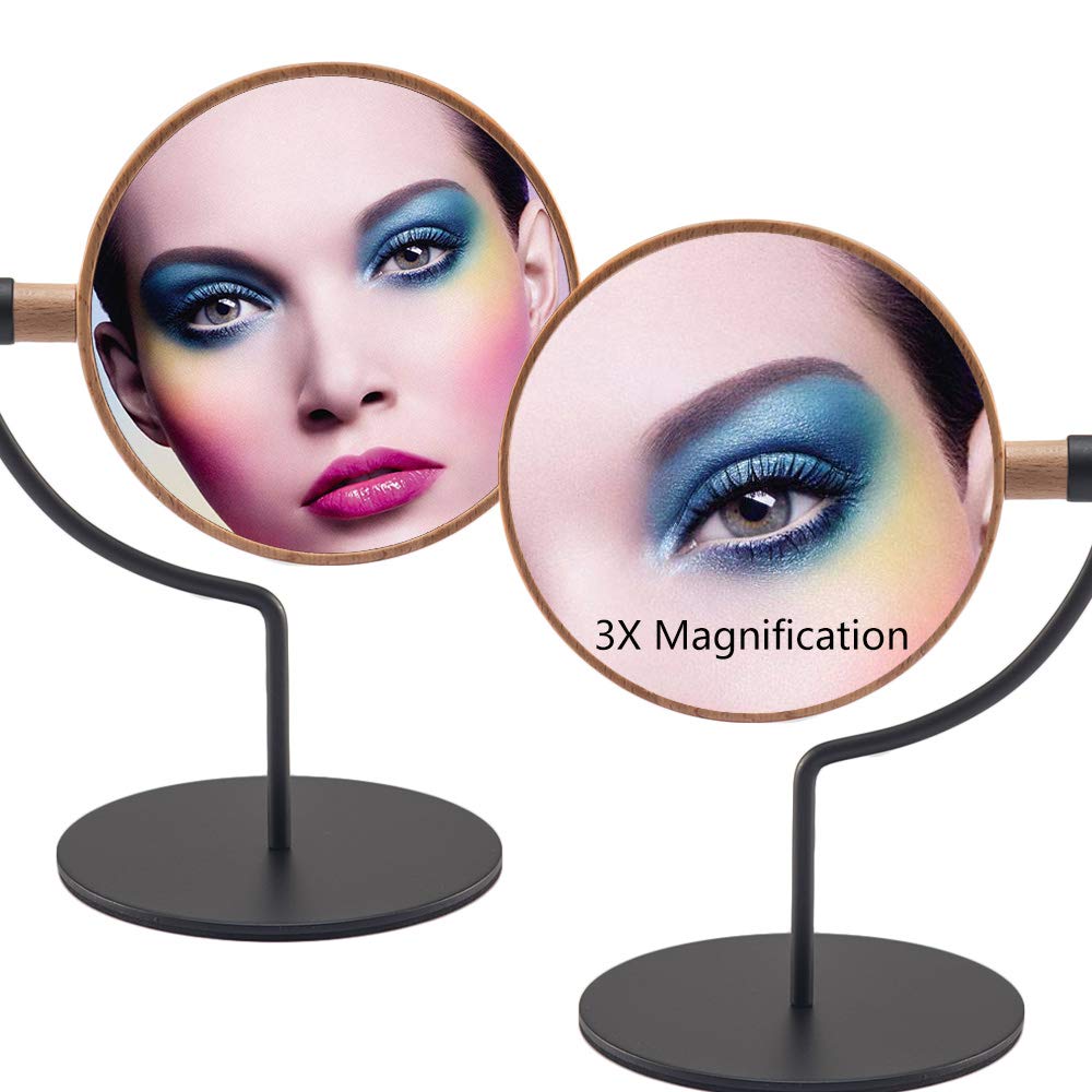 YEAKE Desk Table Mirror with Mental Stand, 3X Magnification Small Wooden Desktop Mirror,360° Rotation Countertop Mirror for Makeup (Black)