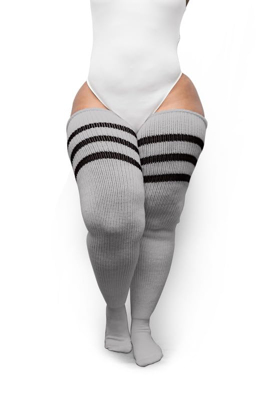 Thunda Thighs Plus Size Thigh High Socks, Over the Knee High Boot Stockings Leg Warmers, Extra Long & Thick Socks Grey & Black Stripes