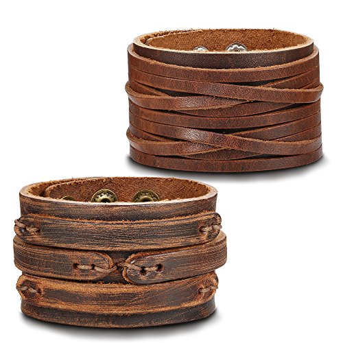 THUNARAZ 2PCS Leather Cuff Bracelet Wrap Wristband Button Bangle for Men Women Adjustable Wide Brown Belt Punk Bracelet