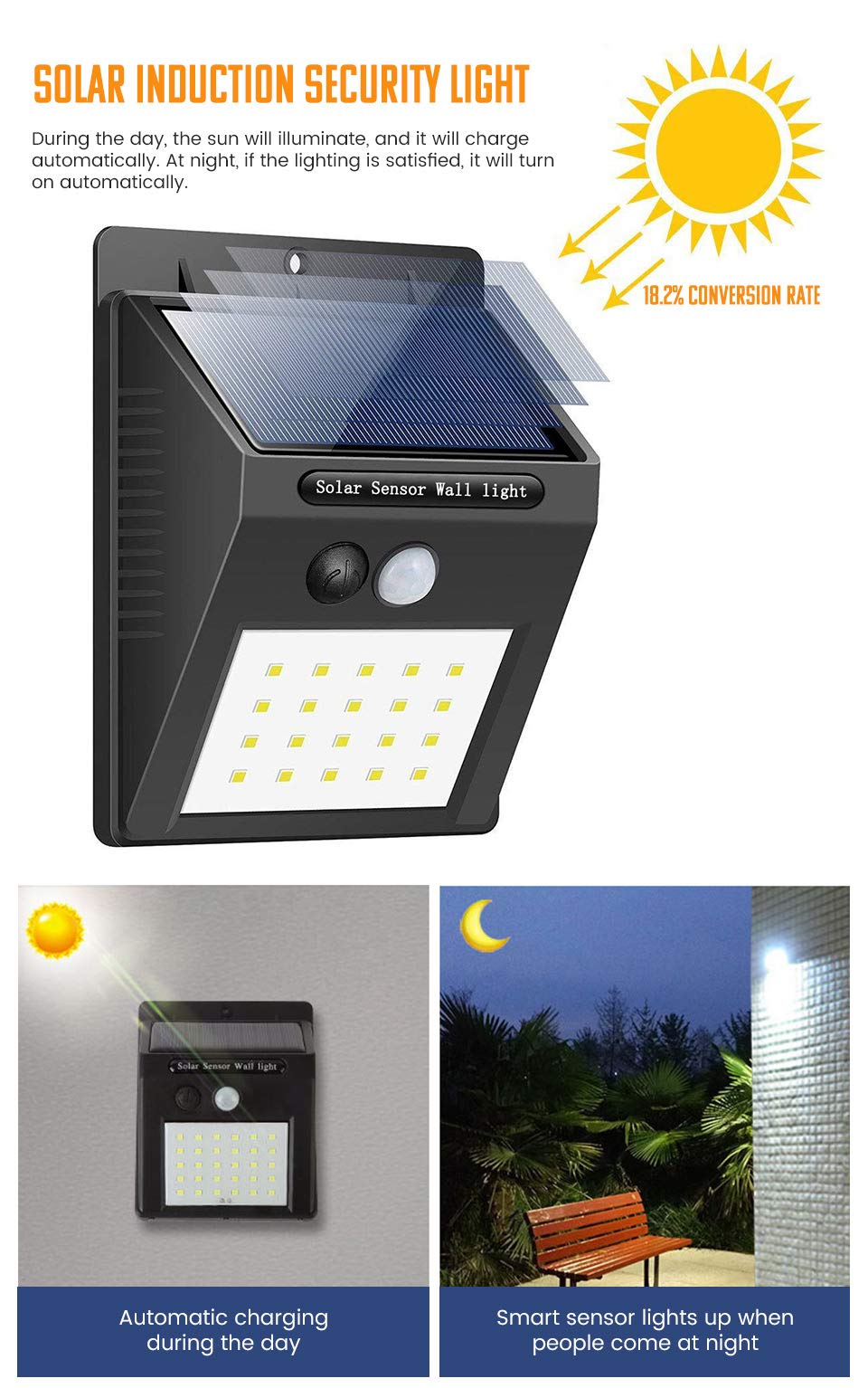 Solar Light LED Wall Lamp PIR Motion Sensor Light for Home Garden Fence Yard Outdoor Waterproof Street Light with 20 SMD LEDs Solar Powered Sunlight Human Body Induction Lamps