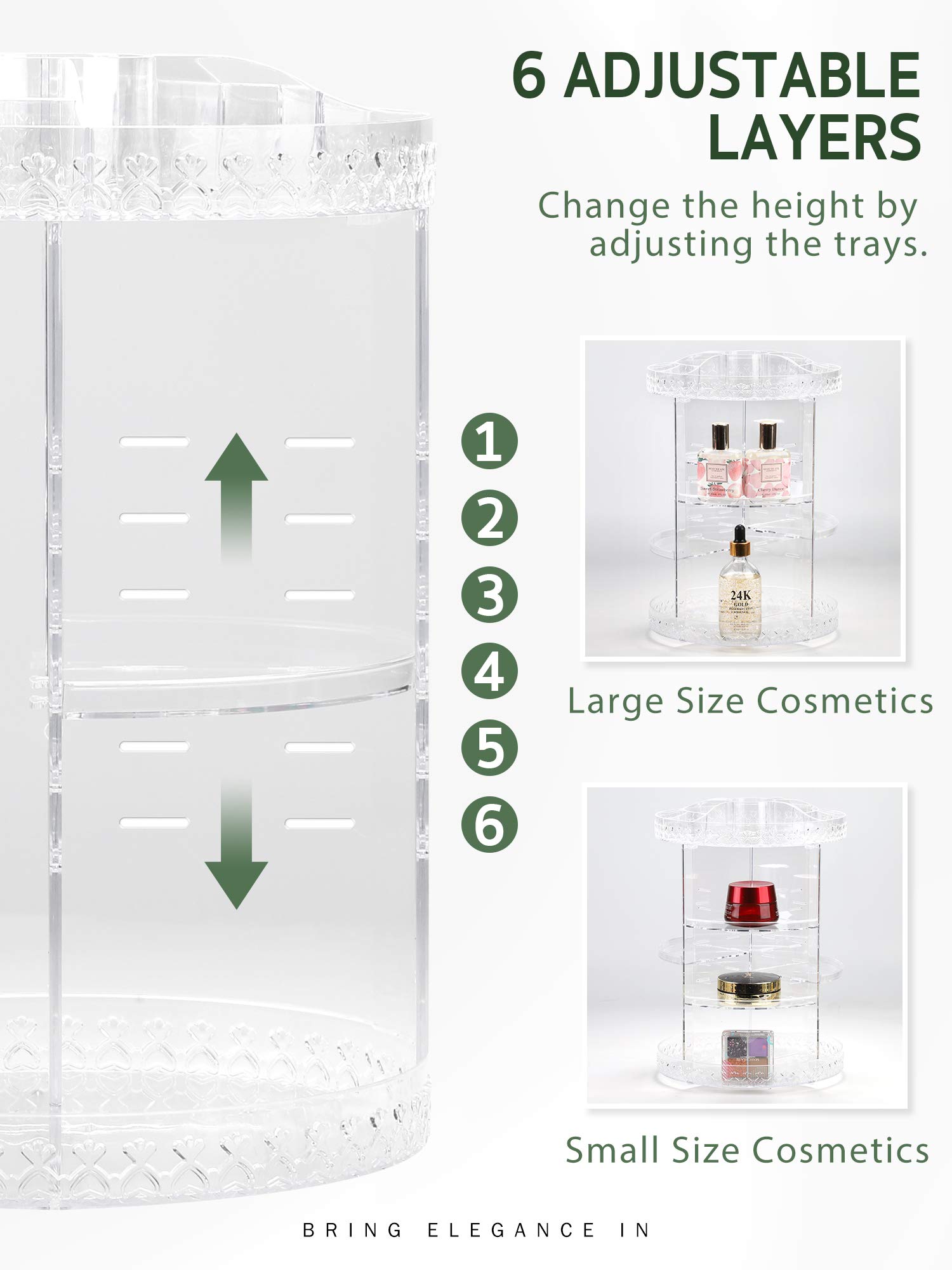 Syntus Rotating Makeup Organizer, 360 Adjustable Cosmetic Carousel Spinning Holder Rack, Large Capacity Makeup Storage Box Vanity Shelf Countertop for Bathroom, Lipsticks, Brushes, Clear