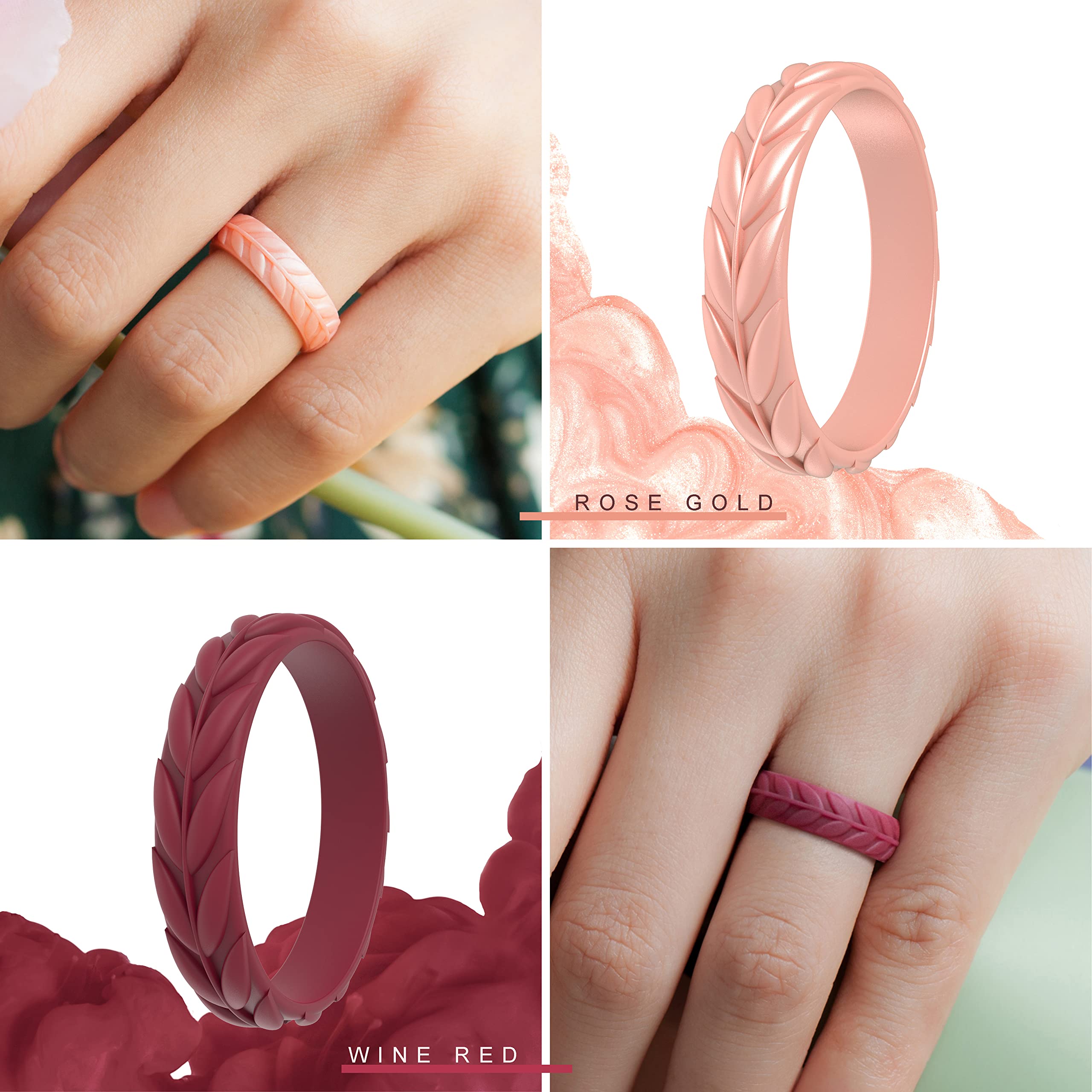 ThunderFit Silicone Wedding Rings for Women, Leaf Design Rubber Engagement Bands 5.2mm Wide 2mm Thick - 1/4/7 Variety Multipack (Dark Red, Rose Gold A, Black, Marble - Size 8.5-9 (18.9mm))
