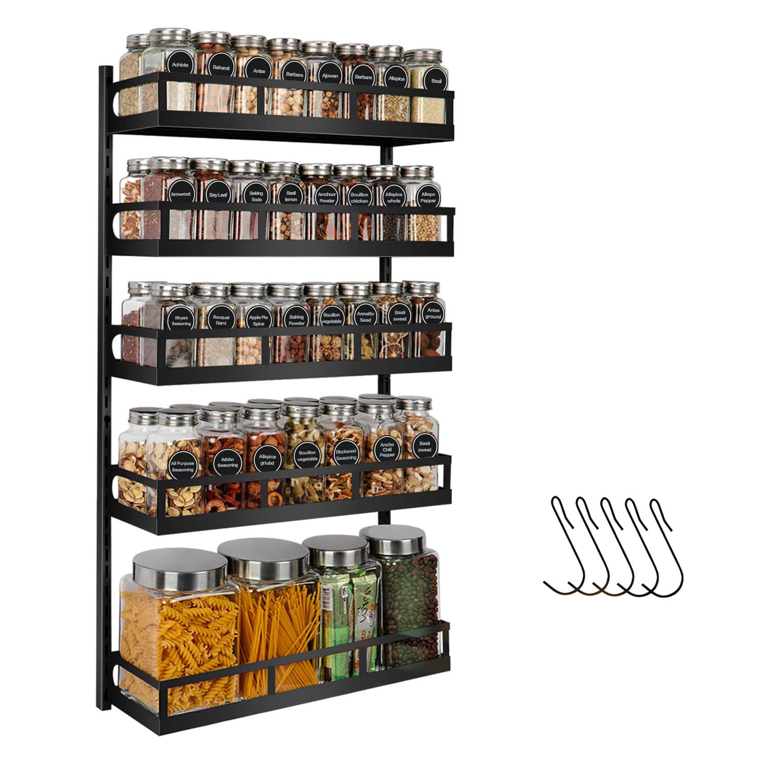 X-cosrack Wall Mount Spice Rack Organizer 5 Tier Height-Adjustable Hanging Spice Shelf Storage for Kitchen Pantry Cabinet Door, Dual-Use Seasoning Holder Rack with Hooks, Grey