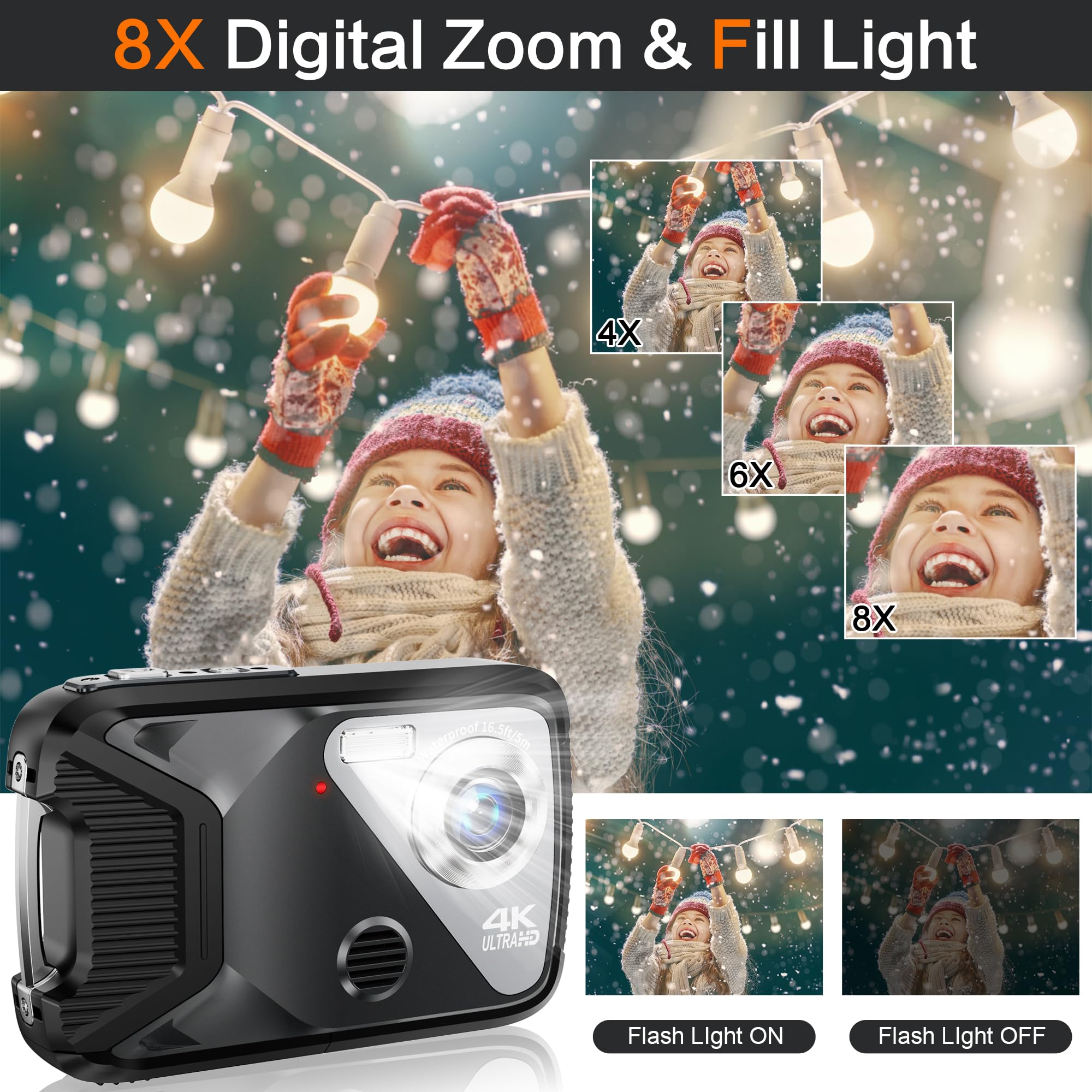 Waterproof Digital Camera, FHD 2.7K Compact Digital Camera for Kids Support 4K 48MP Digital Camera with 32GB Card Point and Shoot Camera Portable Camera for Teens Students Boys Girls Seniors