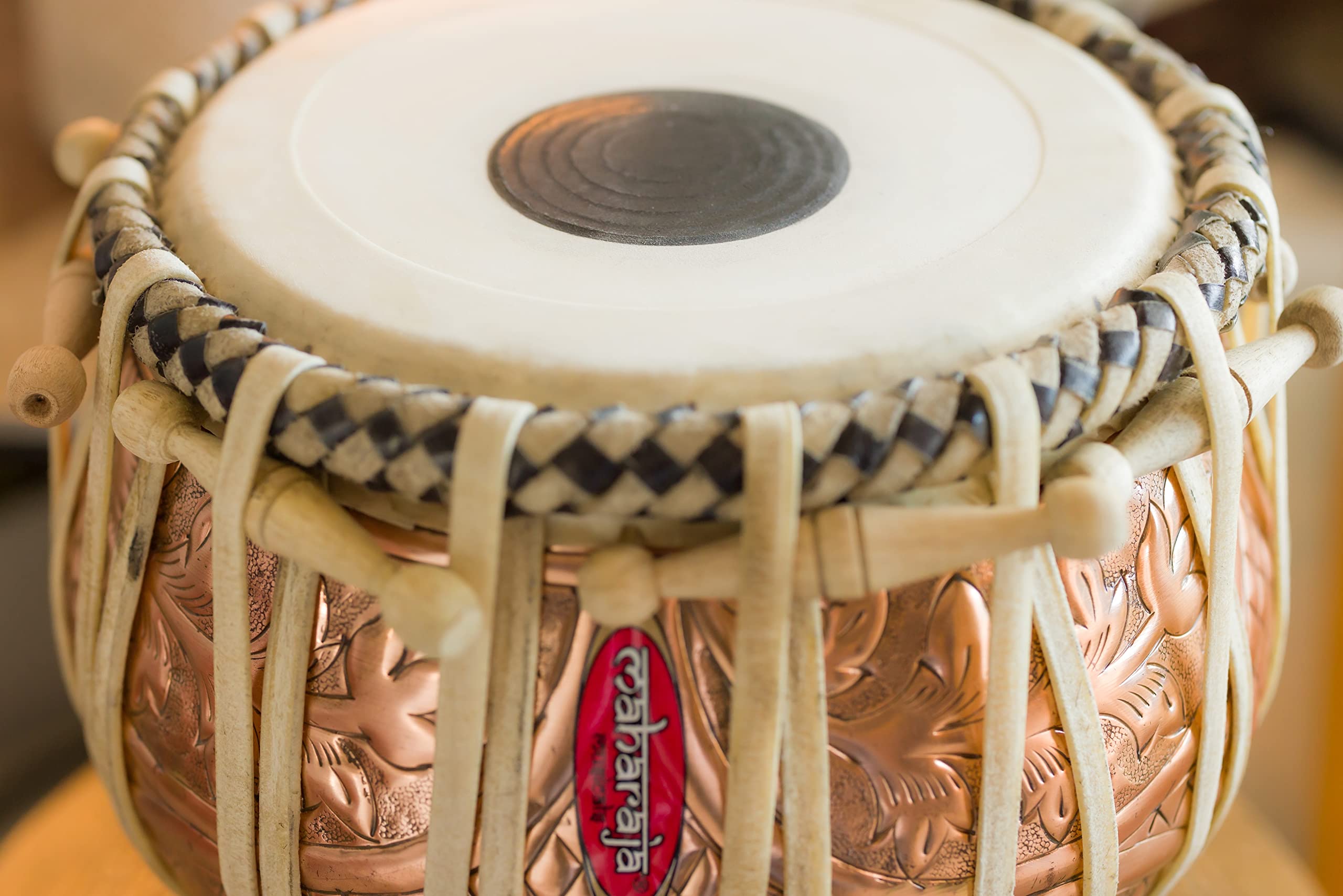 Tabla Drum Set by Maharaja Musicals, Professional, 3.5 Kg Copper Bayan - Designer Carving, Sheesham Tabla Dayan, Padded Bag, Hammer, Cushions, Cover, Tabla Musical Instrument (PDI-CJH)