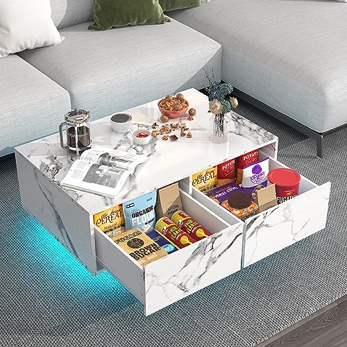 St.Mandyu LED Coffee Table with Storage Drawers,Modern High Glossy Center Table with 20 Colors LED Lights for Living Room (White Marble)