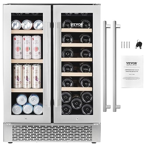 VEVOR Cooler Dual-Zone Beverage Refrigerator Built-in or Freestanding Wine Fridge & Blue LED Light, Tempered Glass Doors, Child Lock for Drink Soda, 81 Cans and 20 Bottles, Black, Silver