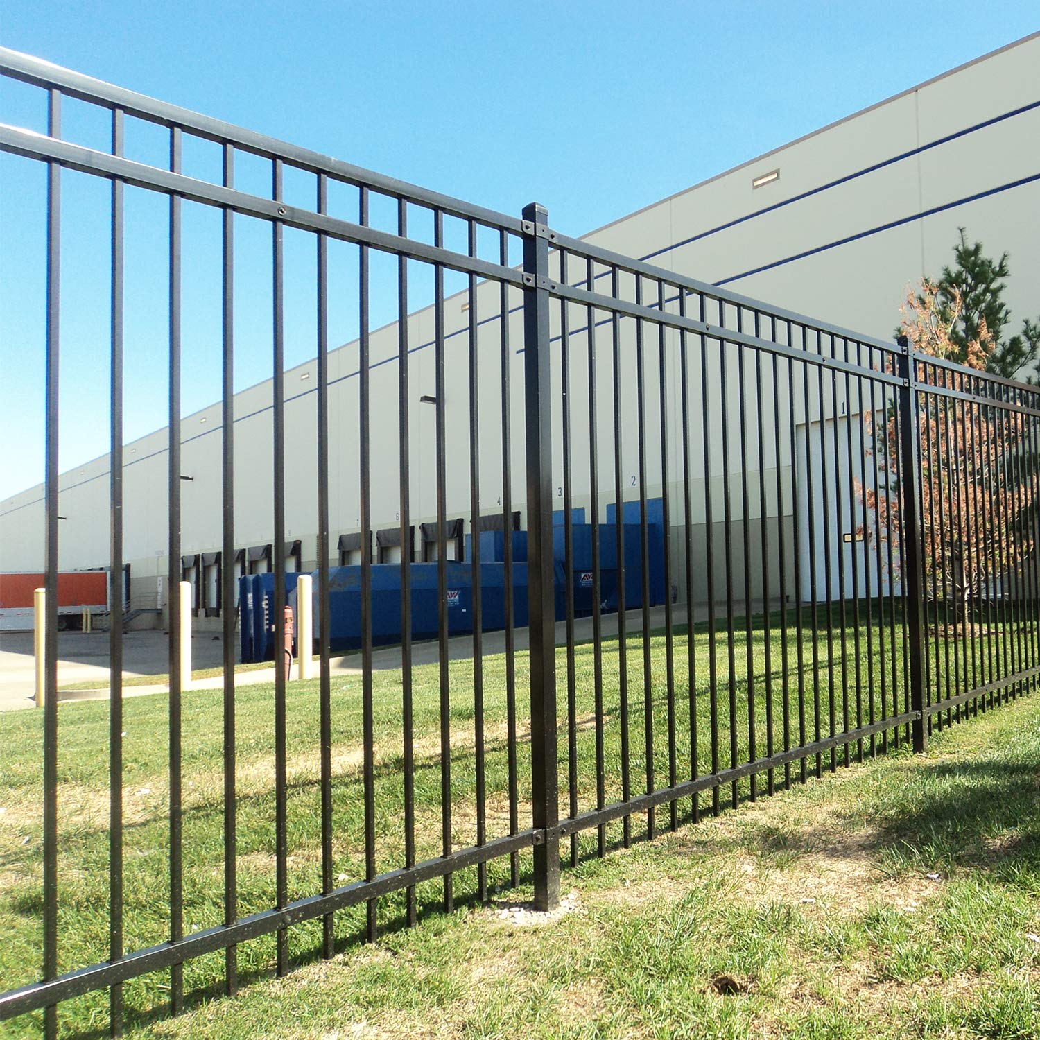 XCEL - Black Steel Anti-Rust Fence Panel - Flat End Picket - 6.5ft W x 5ft H - Easy Installation Kit, Outdoor Residential Fencing for Yard, Garden, Concrete, 3-Rail Metal Fence, include a Fence Post