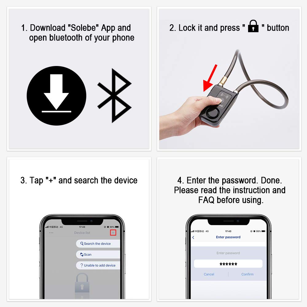 WSDCAM Bluetooth Bike Lock Alarm 110dB Universal Security Smart Bike Alarm Lock System Anti-Theft Vibration Alarm for Bicycle Motorcycle Door Gate Lock, 31.49 inch Cable Length, APP Control