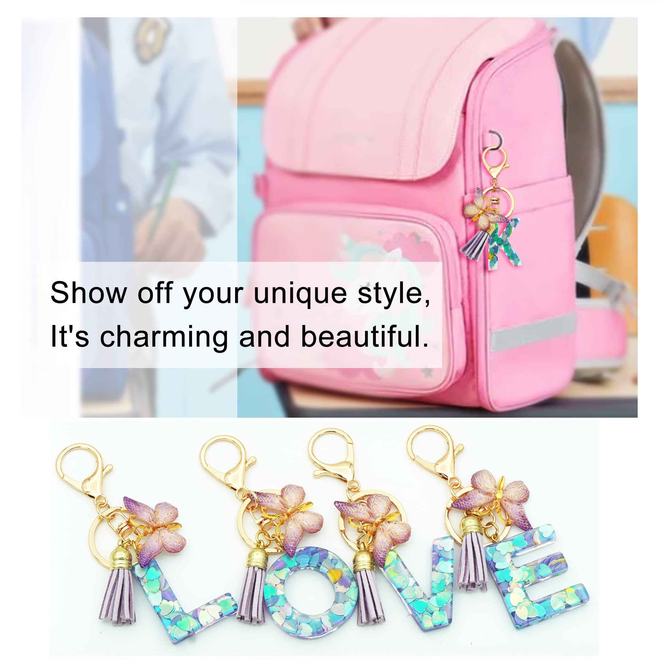 TTYY Initial Letter Keychains for Girls Women Pink Purple Green Cute Butterfly Heart Keychain for Backpack School Bag (purple heart Letter D)