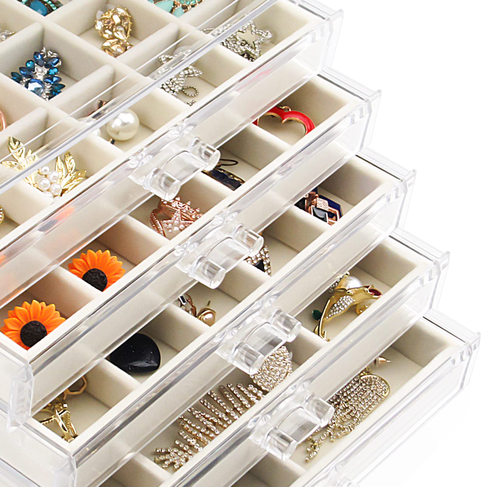 Watpot Acrylic Jewelry Box with 5 Drawers, Clear Earring Storage Organizer Display Case for Women Girls, Beige