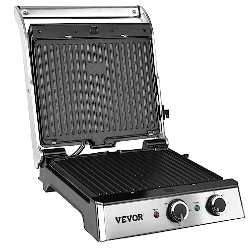 VEVOR Electric Contact Grills, 1500W Indoor Countertop Panini Press Griddle, Sandwich Maker with Non Stick,2 Reversible Iron Cooking Plates,0-446β Adjustable Temperature Control,Timer Function,120V