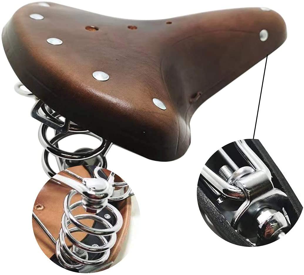 UNISTRENGH English Vintage Bicycle Saddle Touring City Saddle Comfortable Comfort Leather Bicycle Seat with Spring Rivets for Women Men (Coffee)