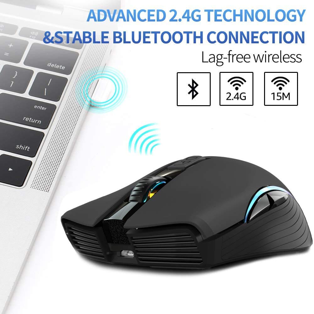 WREWING Bluetooth Mouse, 2.4G & Bluetooth Dual Mode Rechargeable RGB Gaming Mouse, Silent Click Noiseless Laptop Mouse Compatible with PC,Mac, Android, Windows (Black)