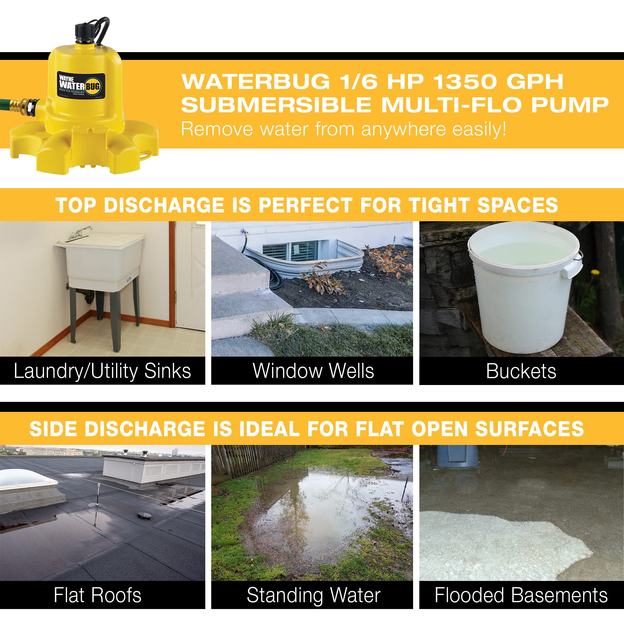 WAYNE WaterBUG 1/6 HP 1350 GPH Submersible Multi-Flo Technology-Water Removal and Transfer Pump, No Size, Yellow