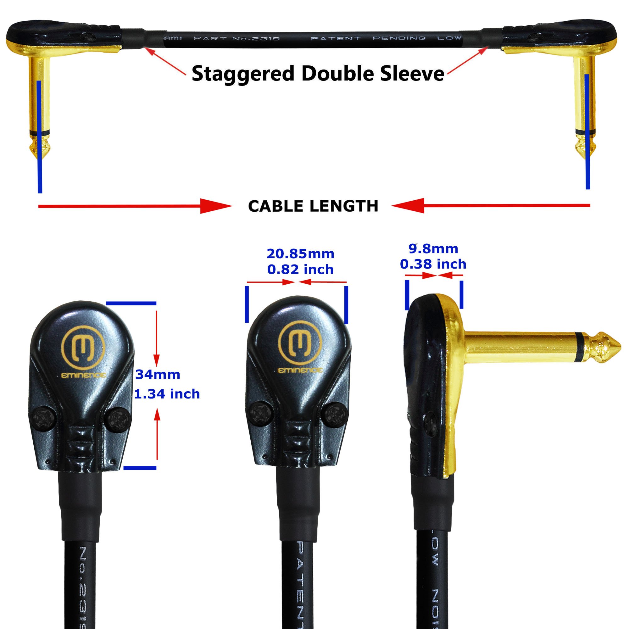 WORLDS BEST CABLES 2 Foot - Pedal, Effects, Patch, instrument cable CUSTOM MADE made using Mogami 2319 wire and Eminence Gold Plated ¼ inch (6.35mm) R/A Pancake type Connectors