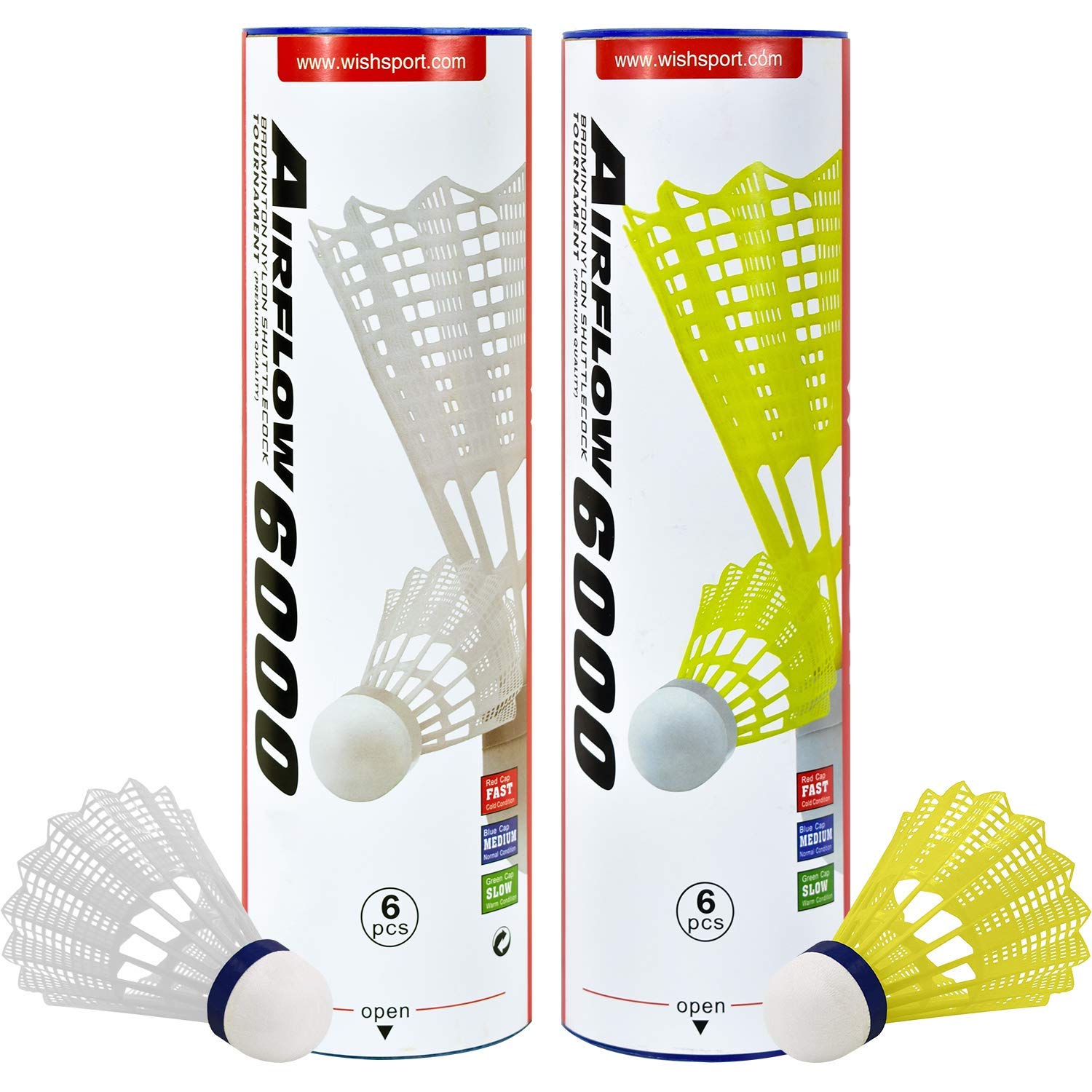 Wish Airflow 6000 Badminton Tournament Shuttlecocks β 6 Pack Tube of Durable Nylon Shuttlecocks with Cork Tips β Badminton Birdies for Indoor and Outdoor Play, Yellow