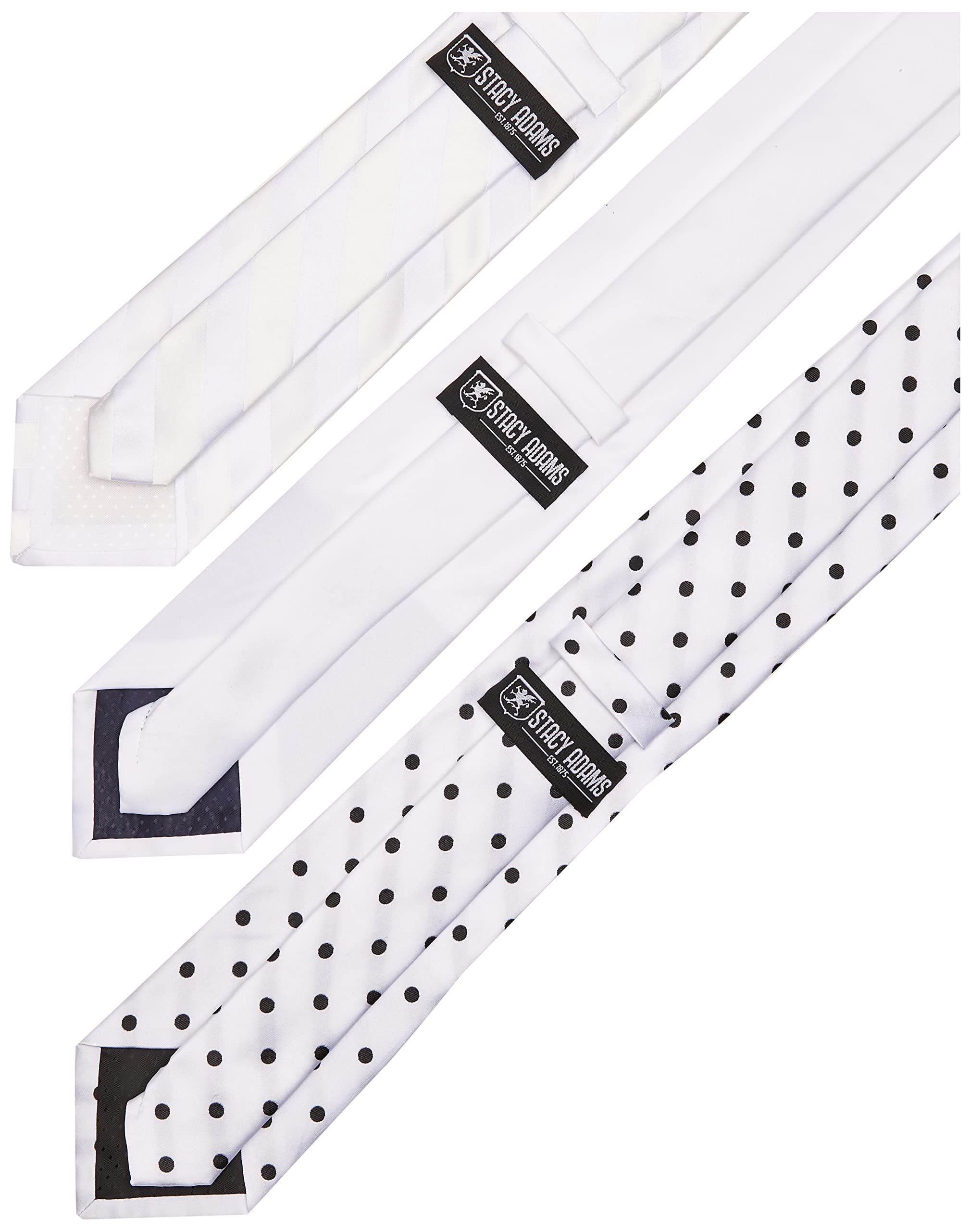 Stacy Adams Men's 3 Pack Satin Neckties Solid Striped Dots with Pocket Squares, White, One Size