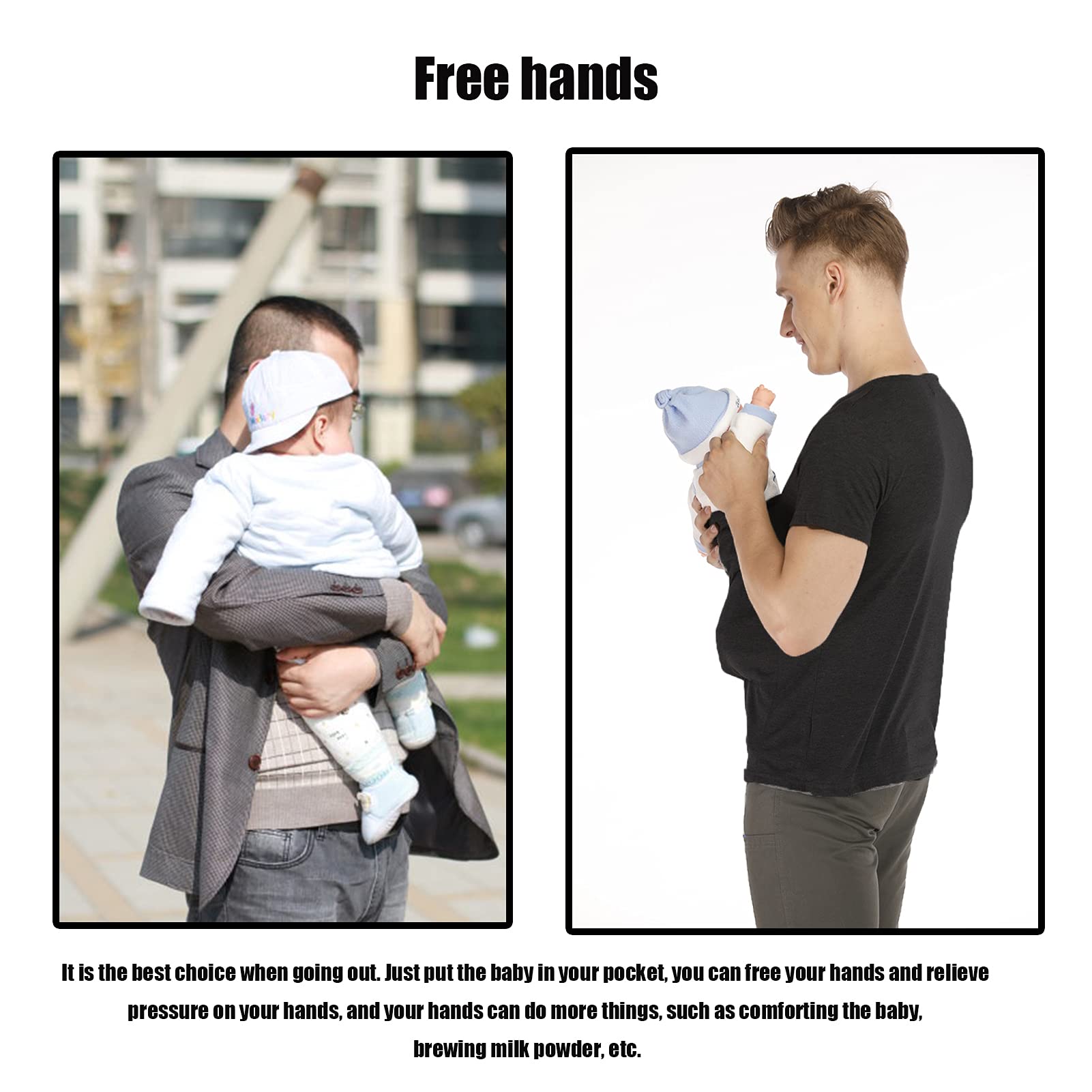 WW Kangaroo Dad T-Shirts Short Sleeve Baby Carrier Big Pocket Baby Care Nursing Blouse Black,L