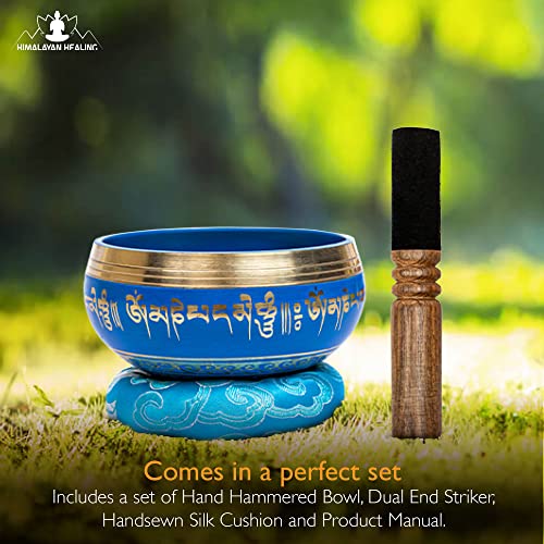 Tibetan Singing Bowls Set 4.2 inch (Blue Throat Chakra) ~ Special portable design suitable for Yoga, Meditation, Sound Healing & Chakra balancing~ (Blue)