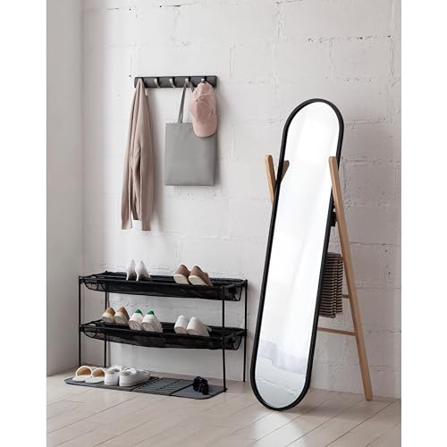 Umbra Hub Floor Length Mirror with Storage Rack, Modern Black Rubber Rim and Solid Wood Storage Ladder, Black/Natural Finish