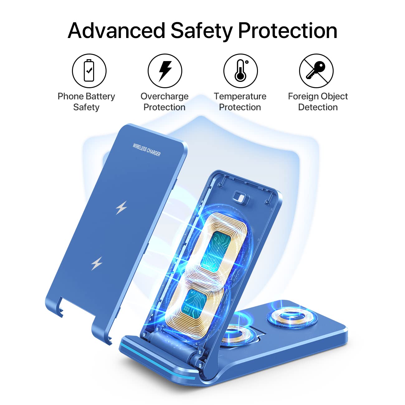 Wireless Charging Station, 3 in 1 Wireless Charger Stand, Fast Wireless Charging Dock for iPhone 14/13/12/11/Pro/X/Max/XS/XR/8/Plus, Apple Watch7/6/5/4/3/2/SE, Airpods 3/2/Pro(Blue)