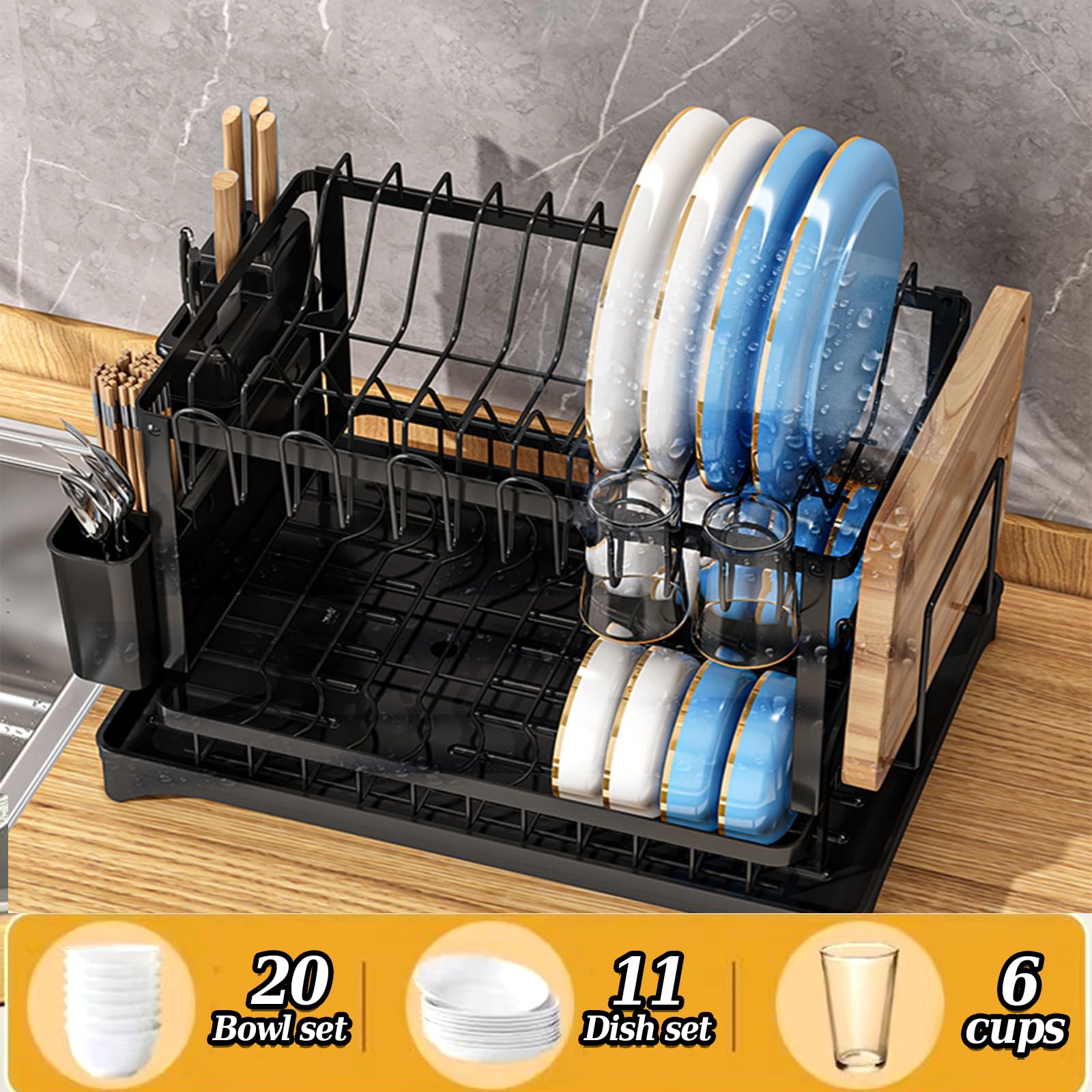 ZHIDENGWJ Stainless Steel Dish Drying Rack with Drainboard Set,2 Tier Large Dish Racks for Kitchen Counter, Detachable 2-in-1 Large Black Capacity Dish Drainer Organizer for Kitchen Counter