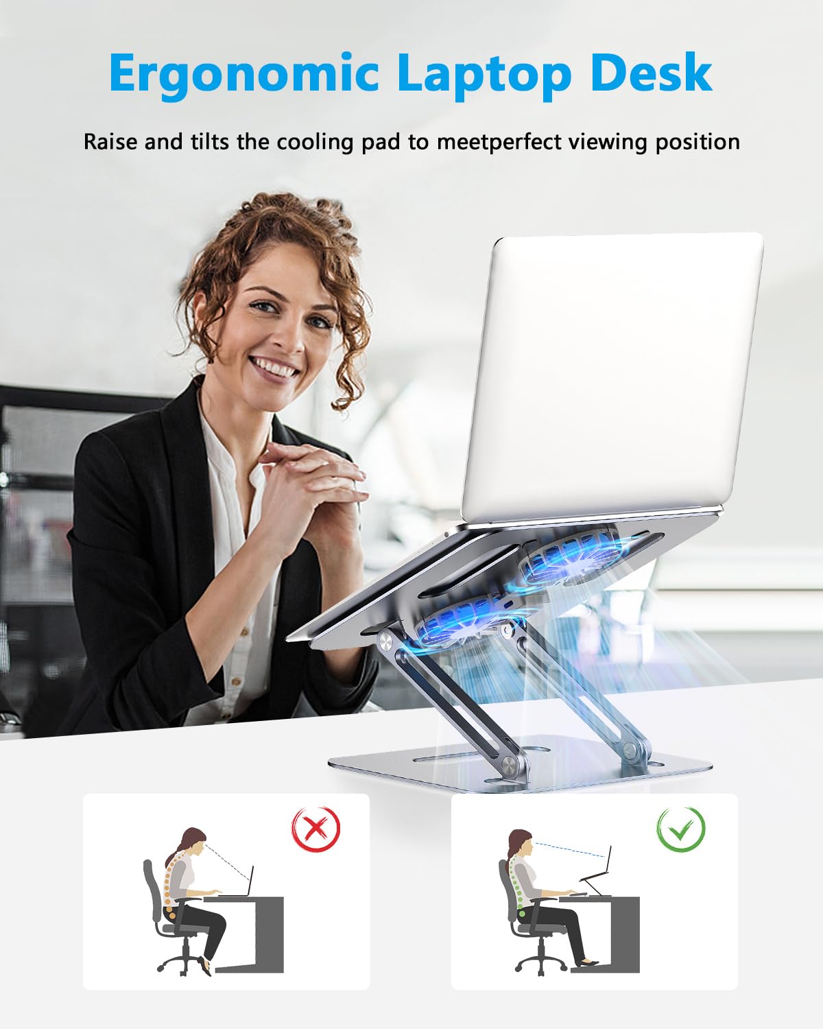 YICOSUN Laptop Stand with Fan Cooling | Foldable Holder for 12" 14" 15" 16" Tablet MacBook & Pro, Mac, Surface | Powerful Laptop Cooler Stand for Working, Gaming, Dj | Grey Aluminum Breathable Tray